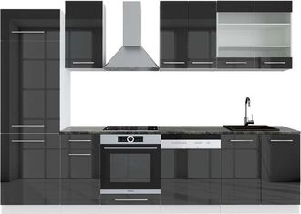 Vicco Küchenzeile Fame-Line, Anthrazit Hochglanz/Weiß, 300 cm, AP Anthrazit