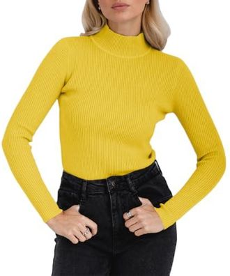 ORANDESIGNE Maillot de Corps à Manches Longues pour Femme Haut Col Roulé sous-Vêtements Automne-Hiver Chaud Solide Ajustée Pulls élastique Sweatshirt A Jaune Tail