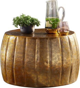 WOHNLING Couchtisch 60x36x60 cm Aluminium Gold Beistelltisch orientalisch rund, Flacher Sofatisch Metall, Design Wohnzimmertisch modern, Loungetisch Stubentisc
