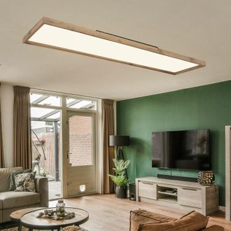 Globo Lighting Plafonnier cct plafonnier chambre lampe en bois de style campagnard, opale marron, led 36W 2400lm 2700-6500K, LxlxH 120x30x8,5 cm