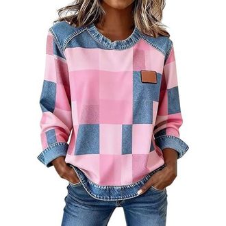 Generic Sweat en Denim Patchwork Femme Fashion Manches Longues Pull-Over Col Rond Couleur Unie Top Haut Streetwear Grandes Tailles Vetement pour Printemps Aut