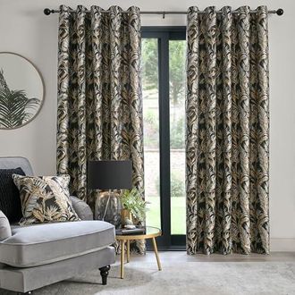 Laurence Llewelyn-Bowen Schwarze tropische Palmenvorhänge, 117 x 137 cm (B x L), Jacquard-Vorhänge mit Blumenblatt/Farn - luxuriöse Vorhänge für Wohnzimmer und Schlafzimmer -