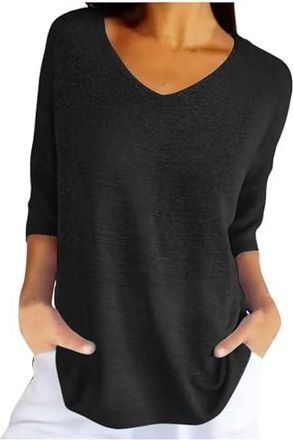 Generic Pull d&eacute;contract&eacute; &agrave; manches 3/4 pour femme - Col en V - Pull ample en tricot - Pull dautomne - Patch de chemise, Noir, XL