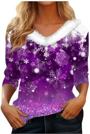 Generic Pull de Noël pour femme avec imprimé en fausse fourrure et col en V - Décontracté à manches longues - Vêtements de Noël, violet, L