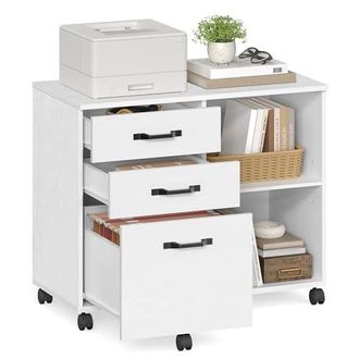 Vasagle Caisson, Support dImprimante Bureau, avec 3 Tiroirs, Meuble de Rangement Mobile, Compartiments Ouverts, pour Format A4, Documents, Style Industriel, B