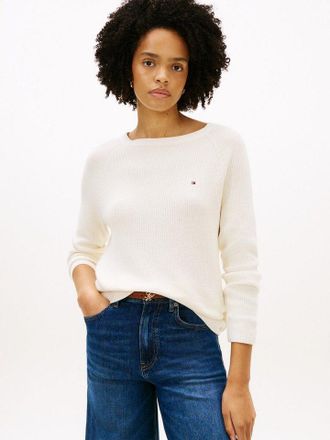 Tommy Hilfiger Strickpullover CO CARDI FINE GG LS BOAT-NK SWT mit Raglan&auml;rmel, Logostickerei