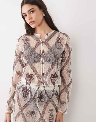 River Island Strickjacke in Cremewei&szlig; mit H&auml;kelmotiv, Kombiteil