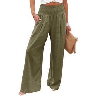 Generic Pantalon Palazzo &agrave; taille smock&eacute;e pour femmes, jambes larges, tenue d&eacute;t&eacute; fluide pour la plage, le salon de plage, les voyages et les vacances, vert mi
