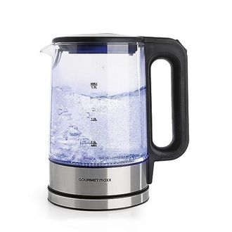 Gourmetmaxx Bouilloire en verre au design intemporel en acier inoxydable avec éclairage LED bleu | Indicateur de niveau deau pratique, filtre anticalcaire, capaci