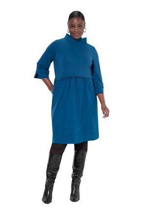 Ulla Popken Damen große Größen Übergrößen Plus Size Kleid, Lagenoptik, A-Linie, weiter Kragen, 3/4-Arm Mittelblau 46+ 828876753-46+
