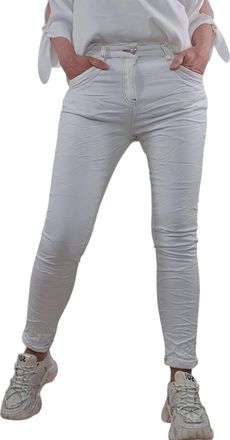 Jewelly Damen Stretch Twill Jeans| Slim Boyfriend Style| Zipper und Strass Knopf (DE/NL/SE/PL, Alphanumerisch, XL, Regular, Regular, Creme)