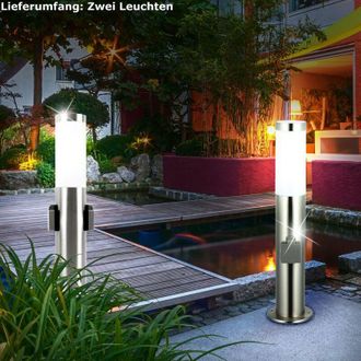 ETC Shop Etc-shop - 2er Set Steh Leuchten Edelstahl Park Garten Strahler IP44 2x Steckdose im Set inklusive led Leuchtmittel