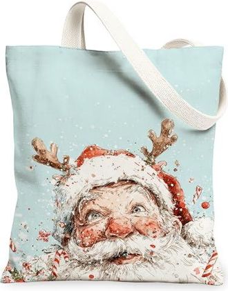 Generic Sacs fourre-tout en toile motif P&egrave;re No&euml;l, sacs de courses r&eacute;utilisables, l&eacute;gers et lavables avec bandouli&egrave;re pour cadeaux, voyage, plage, 33 x 38 cm