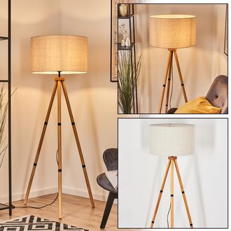 HOFSTEIN Stehleuchte Flemming, Stehlampe aus Holz/Metall im modernen Boho-Design, Schirm aus Stoff, &Oslash; 50 cm, 152,5 cm, E27, Fu&szlig;schalter - Wohnzimmer, Schlafzim