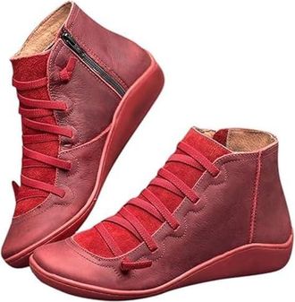 Generic Bottines courtes vintage décontractées pour femme, chaussures plates à enfiler avec semelle amortissante confortable, Rouge, 43 EU