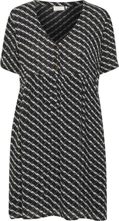 Kaffe Damen Damenkleid, V-Ausschnitt, Knöpfe, Kurze Ärmel, mittlere Länge, Taschen Kleid, Black/Chalk Graphic Print, 44