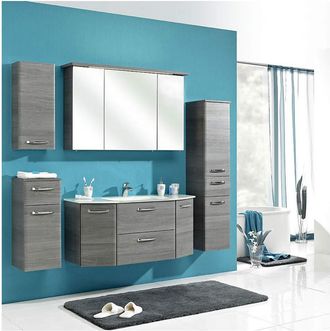 PELIPAL Alika 12 - Badmöbel-Set - 112 cm - Badset - 6-teilig mit Spiegelschrank, Glas-Waschtisch usw. in Graphit Struktur quer
