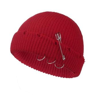 Generic Bonnet tricot&eacute; avec d&eacute;coration et &eacute;pingle unisexe c&ocirc;tel&eacute; doux unisexe pour homme et femme, bonnet dhiver en tricot doux et chaud, 01 - Rouge, taille u