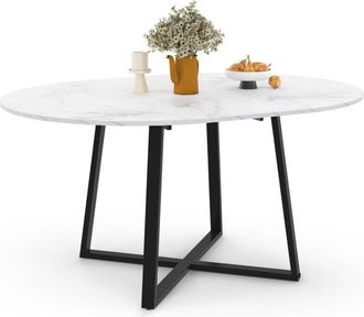 IDMarket Table à manger extensible ronde SELMA 4-8 personnes noir et plateau marbre blanc ALASKA 110 - 150 cm
