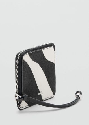 Mango Porte-monnaie cuir fourrure z&egrave;bre noir - Femme - Taille unique - MANGO