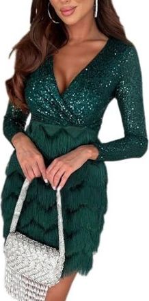 Onsoyours Femme Robe &agrave; Paillettes Robe &agrave; col en V Soir&eacute;e &Eacute;l&eacute;gante Robes Sexy &agrave; Manches Longues Taille Haute Robe de Cocktail Robes &agrave; Franges A Vert S