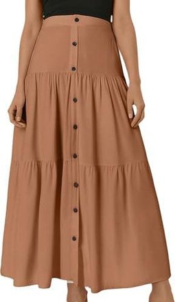 Generic Jupe midi vintage pour femme, taille haute &eacute;lastique, fendue, &agrave; volants, jupe trap&egrave;ze fluide avec poches, robe d&eacute;t&eacute; boh&egrave;me, robe baggy, essentiels de 