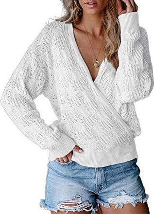 TOMWELL Pull Femme Col V Pullover Chandail Manches Longues Couleur Unie D&eacute;contract&eacute; Sweater Mode Traverser Tricot&eacute; Haut Blouse Automne Hiver Blanc XL