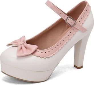 Generic Femmes Mignon Mary Jane Pompes Sangle De Cheville avec Noeud Décor Plate-Forme Talons Hauts Bout Rond Élégant Soirée Soirée Bal Chaussures Habillées,B