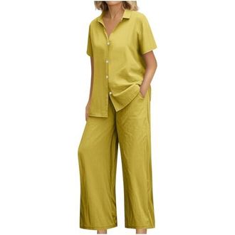 Generic Surv&ecirc;tement pour femme &agrave; manches 3/4 en lin et coton - Coupe ample - Tenue deux pi&egrave;ces avec haut et pantalon - Respirant et confortable pour un usage 