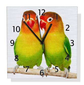 Wallario Design Wanduhr Papageien auf dem dünnen AST aus Aluverbund, Alu-Uhr Größe 30 x 30 cm, Schwarze Zeiger mit Metalloptik