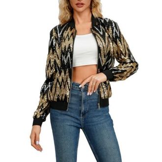 Generic Veste &Agrave; Sequins Dor&eacute;s pour Femme Manches Longues Fermeture &Eacute;clair Scintillante Style Bomber Cardigan &Agrave; Effet Ondul&eacute; Color Block Style Vintage 1989 Ten