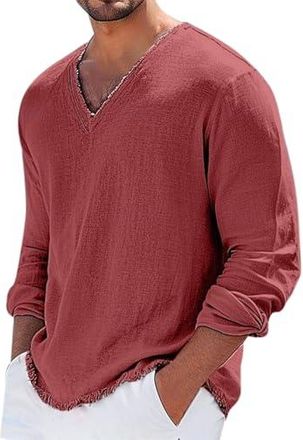 Generic Chemises de plage &agrave; col en V pour homme, hauts en coton et lin pour homme, chemises tendance et minimaliste, hauts confortables et r&eacute;guliers, chemise 