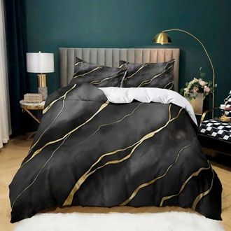 Generic Housse de Couette Texture Dor&eacute;e Marbre 180 x 200 cm, Noir Microfibre Parure de Lit avec 2 Taies doreiller pour 2 Personnes D&eacute;coration de Chambre - Hou