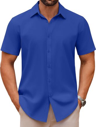 Coofandy Herren Hemd Kurzarm Sommerhemd Businesshemd Freizeithemd Arbeitshemd Regular Fit Herrenhemd Arbeitshemd Einfarbig Büro Hemd Tiefblau XL