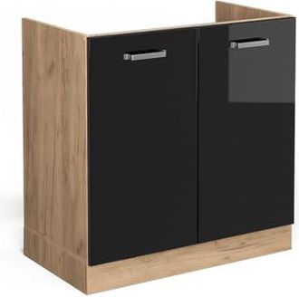 Vicco Meuble Bas sous-évier R-Line, Noir Haute Brillance/Chêne de Force doré, 80 cm sans Plan de Travail