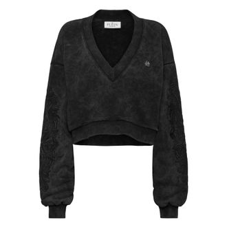 Philipp Plein Femme, Sweatshirts et sweats &agrave; capuche, Noir, Taille: 42 FR SweaT-shirt col en V d&eacute;lav&eacute; Piercing