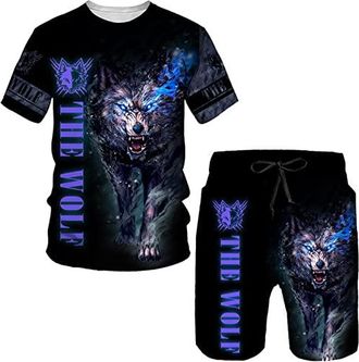 Keephen T-Shirt imprimé 3D Viking Wolf pour Hommes + Shorts Set de survêtement dété Ensemble de Hauts à Manches Courtes décontractés Set Quick Dry Ensemble De