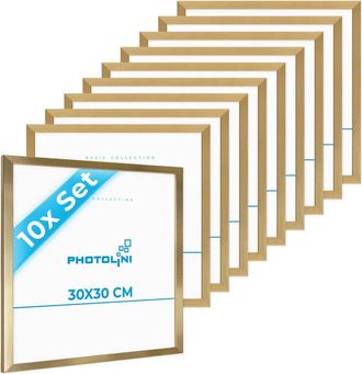 Photolini Bilderrahmen 30x30 Gold MDF-Holz, 10er Set Poster-Rahmen, bruchsicheres Acrylglas, zum Aufhängen, extra Zubehör - für Fotos & Poster