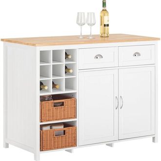 SoBuy KNL05-W îlot Central de Cuisine, Placard de Cuisine, Buffet de Rangement avec Porte-Bouteille pour 9 Bouteilles, 2 Tiroirs, 2 Portes et 2 Paniers en