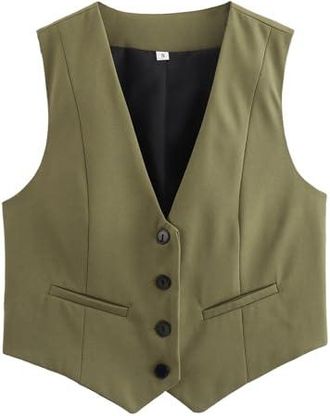 Generic Vestes pour femmes 2026 Veste de costume courte &agrave; col habill&eacute; boutonn&eacute;, vert militaire, S