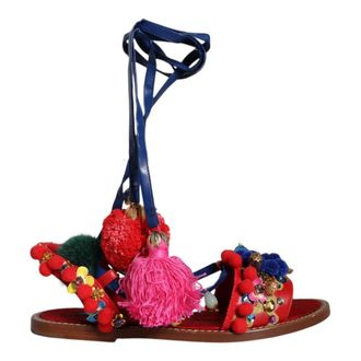 Dolce & Gabbana Multicolor Pom Pom Pelz Wrap Sandalen - - Shoes - Damen - Mehrfarbig - 38 EU