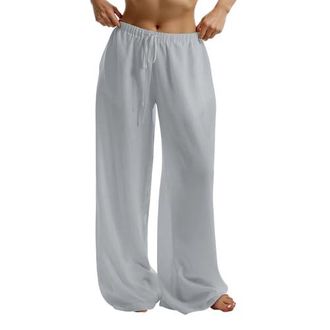 Generic Pantalon L&eacute;ger Femme Ample Fluide Large en Lin Pantalon D&eacute;contract&eacute; &Agrave; Taille &Eacute;lastique pour Femme avec Poches Couleur Unie Coupe Droite Ample et Long 