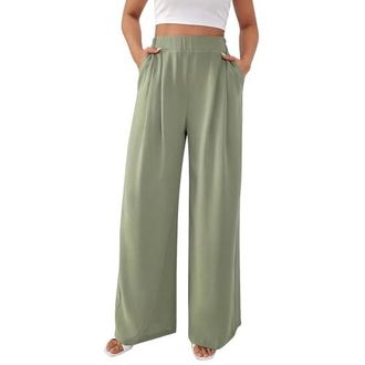 Generic Pantalon en tissu pour femme, &eacute;l&eacute;gant et d&eacute;contract&eacute;, pantalon palazzo, taille haute, pantalon de loisirs avec poches, tricot gaufr&eacute;, pantalon d&eacute;t&eacute; S-