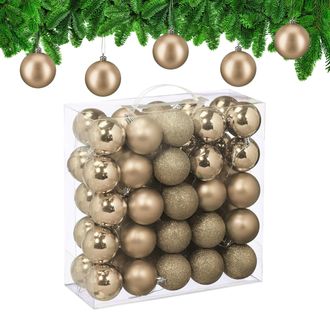 Relaxdays Weihnachtskugeln 50er Set, Kunststoff, D: 6 cm, runde Weihnachtsbaumdeko, Baumschmuck bruchsicher, Champagner