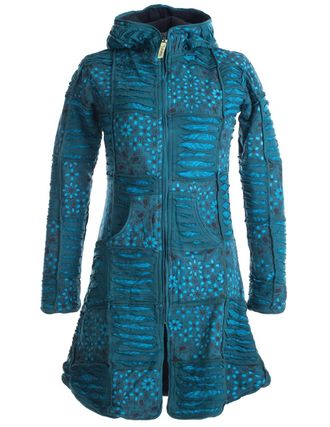 vishes Alternative Bekleidung - warmer Elfen Patchworkmantel aus Baumwolle mit Fleecefutter und Kapuze t&uuml;rkis 36