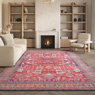 Safavieh Traditionell Teppich f&uuml;r Rug Ideal f&uuml;r stark frequentierte Bereiche - Maschinenwaschbar und rutschfest - Tucson Collection, Kurzer Flor, in Rot und K&ouml;