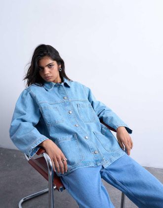 Topshop Jeans-Workerjacke in gebleichter Optik-Blau