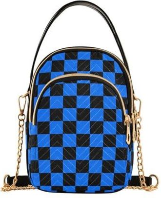 Mnsruu Petit sac &agrave; bandouli&egrave;re en cuir noir &agrave; carreaux bleu fonc&eacute; pour femme