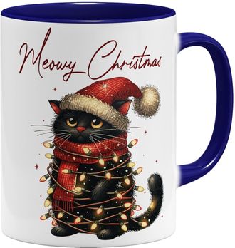 OM3 Meowy Christmas Kaffee-Tasse mit s&uuml;&szlig;em K&auml;tzchen - Weihnachtstasse Katze - Keramik Becher - 325ml - Beidseitig Bedruckt - Dunkelblau