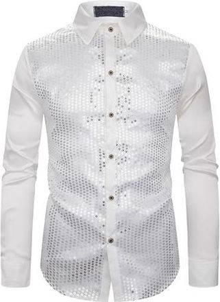 Generic Chemise &agrave; manches longues pour homme &agrave; paillettes scintillantes Style bo&icirc;te de nuit Chemise brillante boutonn&eacute;e Coupe ajust&eacute;e Costume de bal de fin da